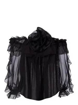 Carolina Herrera Off-the-shoulder Silk Tulle Top With Ruffle Trim - Black