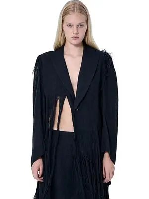 Yohji Yamamoto Single-breasted Blazer With Frayed Hem - Black