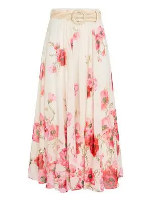 Zimmermann Belted Floral-print Cotton And Silk-blend Maxi Skirt - Ivory