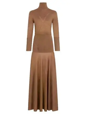 Rabanne Camel Knit Turtleneck Maxi Dress With Button Cuffs - Brown