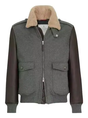 Brunello Cucinelli Bonded Cashmere Beaver Cloth And Nappa Leather Bomber Jacket With Thermore® Padding And Detachable Shearling Collar - Grey