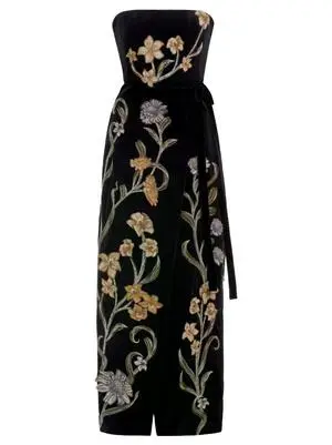 Agua Bendita Floral Embroidered Maxi Dress With Side Bow Detail - Black