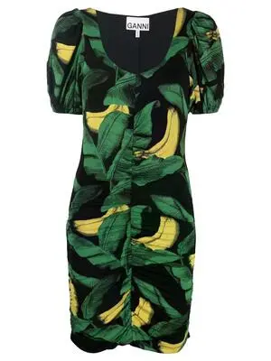 GANNI Banana Print Puff Sleeve Dress - Black