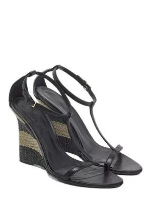 Burberry Patent Leather T-strap Wedge Sandals - Black