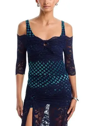 Rabanne Off Shoulder Mixed Media Top - Deep Navy