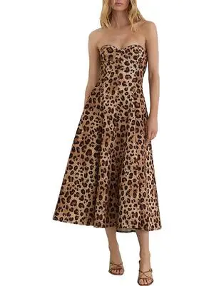 REISS Reiss Ramona Strapless Leopard Print Midi Dress