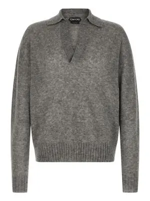 TOM FORD Polo Collar V-neck Sweater - Gray