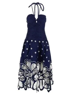 Farm Rio Embroidered Halterneck Dress - Blue