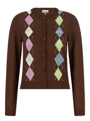 GANNI Argyle Buttoned Cardigan - Brown