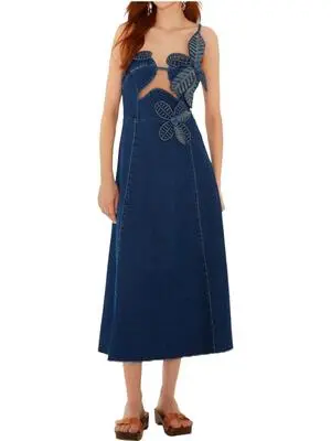 Farm Rio Floral Appliqué Cutout Denim Dress - Multicolor