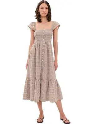 MAREA Celine Gingham Maxi Dress With Smocked Bodice And Cap Sleeves