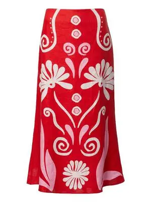CALA DE LA CRUZ Fabiana Printed Linen Midi Skirt - Red