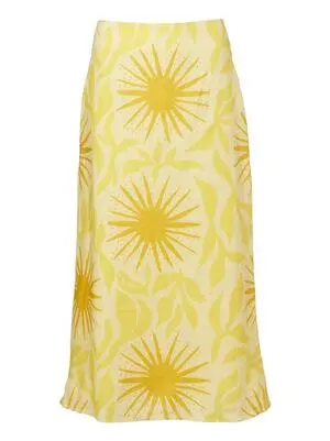 CALA DE LA CRUZ Fabiana Printed Linen Midi Skirt - Yellow