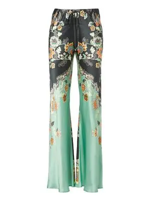 Roberto Cavalli Floral Silk Satin Flared Pants - Green