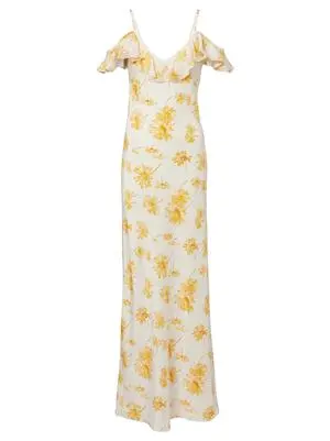 RODARTE Floral Ruffled Silk Moiré Slip Dress - Yellow