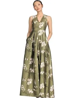 Sachin & Babi Floral Print Mikado Ball Gown Moss Formosa