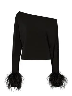 Lapointe Off-the-shoulder Feather Trim Top - Black