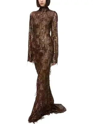 ATU BODY COUTURE Sequin Embellished Fringed Dress - Brown