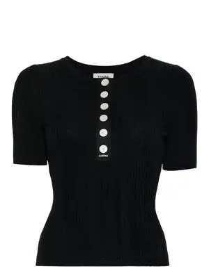 Sandro Ribbed Knit V-neck Button-placket Top - Black