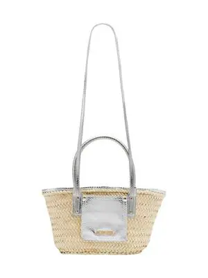 Jacquemus Small Raffia Basket Bag With Croc Effect Trim - Silver