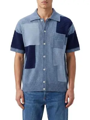 LANEUS Patchwork Print Cotton Bowling Shirt With An Elasticated Hem - Denim