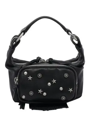 MARGESHERWOOD Mini Leather Hobo Bag With Studs, Fringes And Star Embroidery - Black