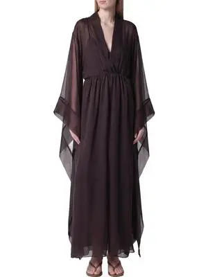 Alberta Ferretti Long Silk Kaftan With V-neck And Wide Sleeves - Brown