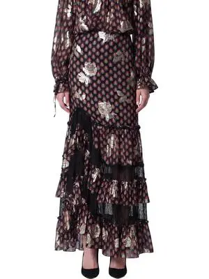 Etro Floral Jacquard Asymmetric Long Silk Skirt With Lace Inserts - Multicolor