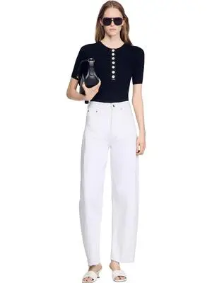 Sandro Ribbed Knit Top With Button Placket - Black