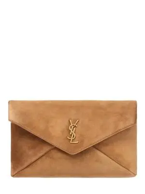 Saint Laurent Cassandre Suede Clutch - Brown