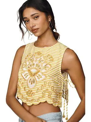 Farm Rio Richilieur Embroidered Cropped Tank Top - Yellow