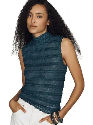 Anthropologie Lace Ruffle Mock Neck Tank Top - Evergreen