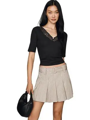 Maeve V-neck Lace-trimmed Henley T-shirt Top - Black