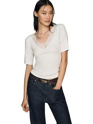Maeve V-neck Lace-trimmed Henley T-shirt Top - Heather Grey