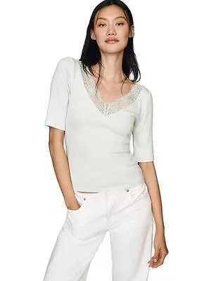 Maeve Maeve V-Neck Henley T-Shirt Top With Lace Trim Misty Blue