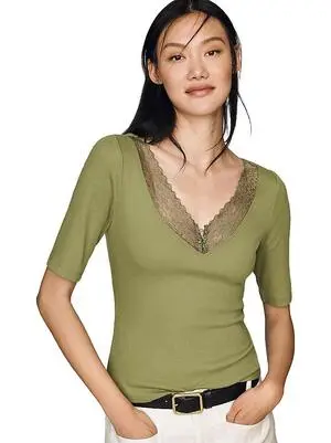 Maeve V-neck Henley T-shirt Top With Lace Trim - Olive Branch