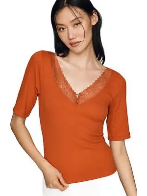 Maeve V-neck Lace-trimmed Henley T-shirt Top - Rooibos Tea