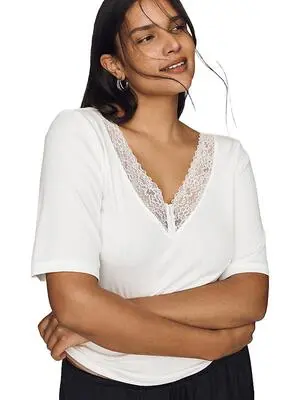 Maeve V-neck Henley T-shirt Top With Lace Trim - Sugar Swizzle