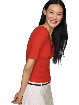 Maeve V-neck Lace-trimmed Henley T-shirt Top - True Red