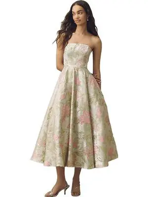 Mac Duggal Floral Strapless Midi Dress - Light Green