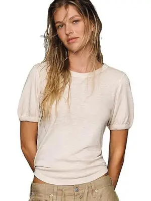 PILCRO Cotton Puff Sleeve Textured T-shirt - Sandshell