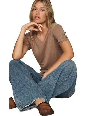 PILCRO Cotton Puff-sleeve Textured T-shirt - Wild Mushroom