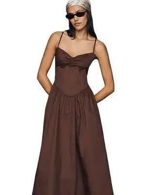 MARE MARE 100% Cotton A-line Midi Dress - Brown