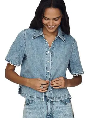 FRAME Crochet Trimmed Sleeve Top - Light Denim