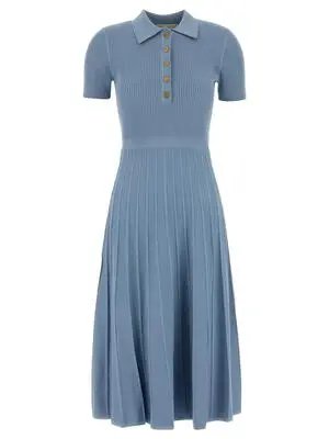 Michael Kors Ribbed Knit Midi Dress With Pleated Skirt - Blue
