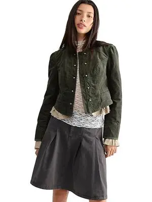 Free People Tailored Corduroy Military Jacket With Ruffle Trim - Ivy Fog
