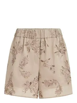 Brunello Cucinelli Cotton Organza Bermuda Shorts With Floral Embroidery - Beige
