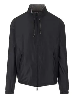 Zegna High Collar Zip Up Logo Jacket - Black