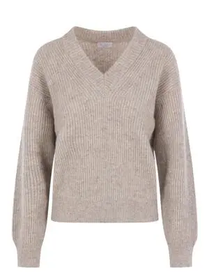 Brunello Cucinelli Ribbed-knit V-neck Sweater - Nude
