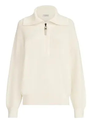 Brunello Cucinelli Half-zip Ribbed Knit Long-sleeve Pullover - White